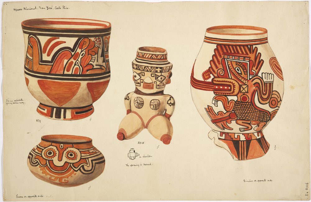 Fire stykker keramik - tre vaser og en figur (akvarel)