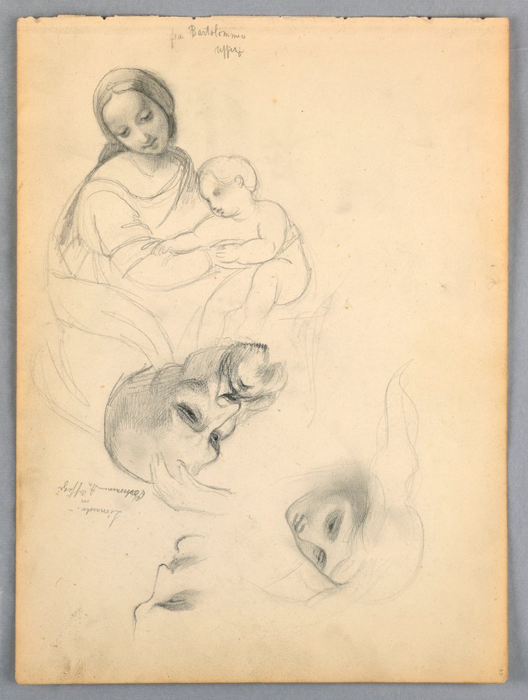 Madonna og barn, skitser efter Leonardo Da Vinci og Fra Bartolomeo af ...