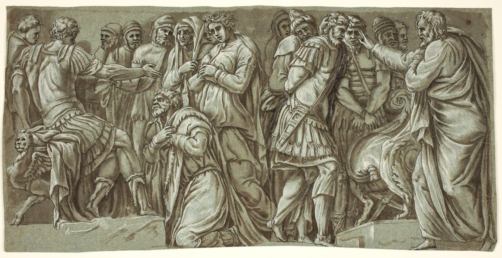 Darius' familie før Alexander og en scene med fanger; fra facaden på ...